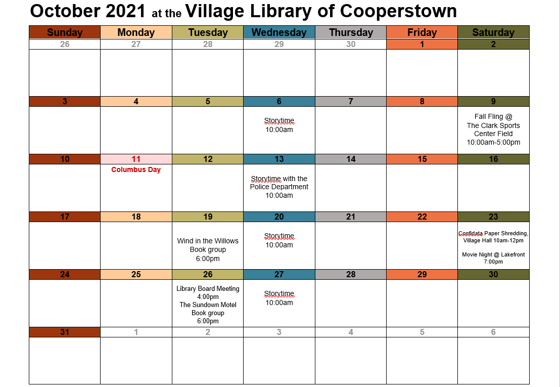 October 2021 Library Calendar – Village Library of Cooperstown