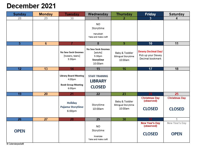 December 2021 Library Calendar – Village Library of Cooperstown